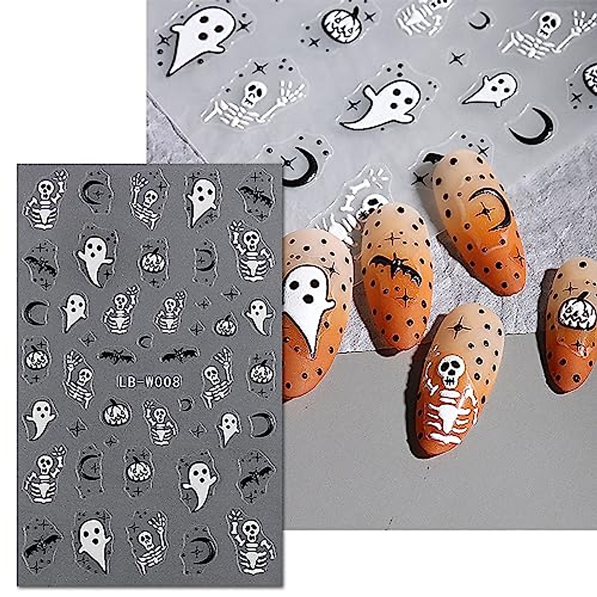 JMEOWIO 8 Sheets Halloween Nail Art Stickers Decals Self-Adhesive Pegatinas Uñas Pink Skull Cute Horror Ghost Spider Web Bat Pumpkin Spook Nail Supplies Nail Art Design Decoration Accessories