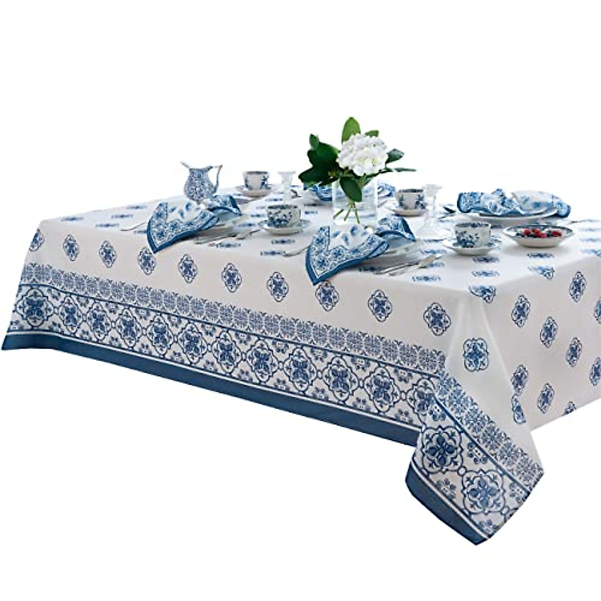 Newbridge Mykonos Blue Mediterranean Tile Bordered Fabric Tablecloth - Blue Medallion Print Indoor/Outdoor, Stain Resistant, No-Iron Tablecloth, 52 Inch x 70 Inch Oblong/Rectangle