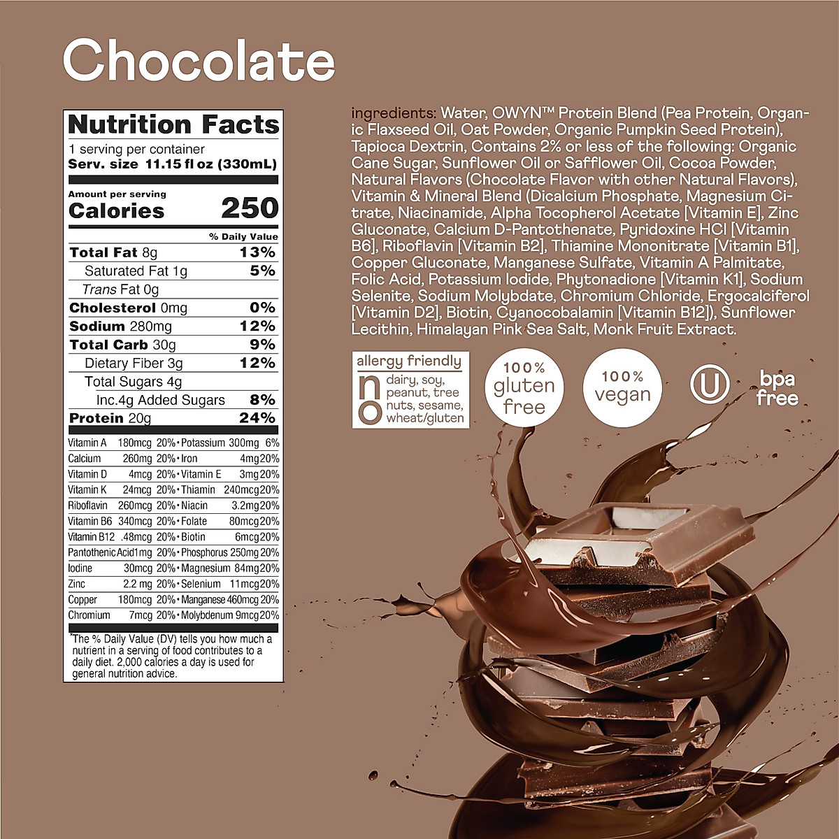 OWYN Plant-Based Complete Nutrition Protein Shake, Chocolate, 20g plant based protein, 23 Vitamins Minerals, Vegan Nutritional Shake, Gluten, Soy, and Tree Nut-Free (Chocolate, 12 pack)