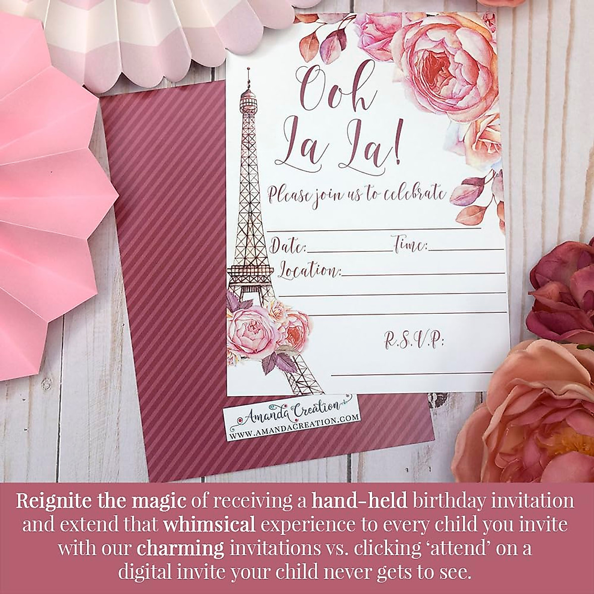 Ooh La La Watercolor Floral Paris Party Invitations for Birthdays, Baby Showers, Bridal Showers, Engagement Parties and more. 20 5x7 Fill In Cards with Twenty White Envelopes by AmandaCreation