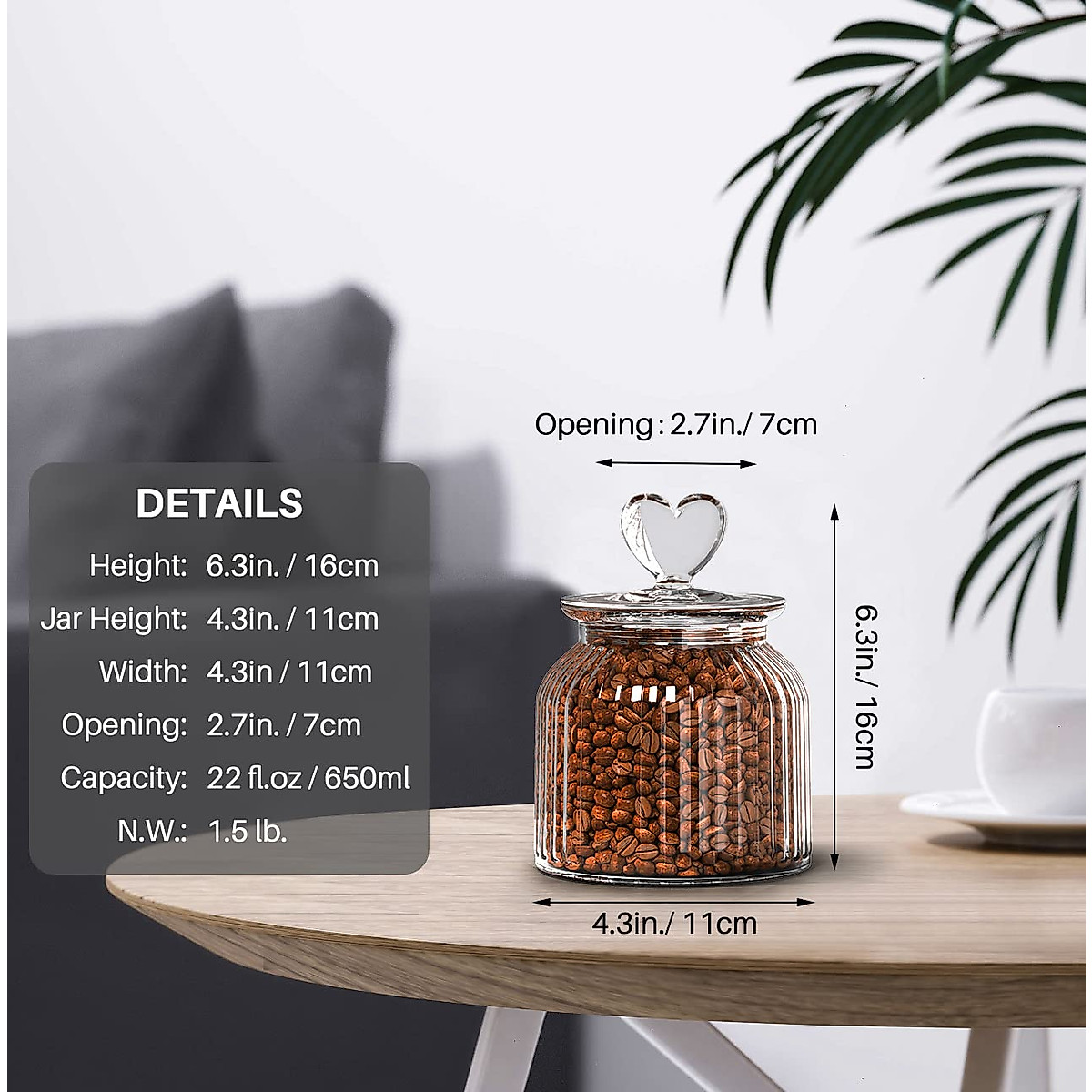 HomeyHoney 22 oz Clear Glass Canister with Cute Heart shaped Lids Set, Food Storage Glass Jars with Airtight Lids for Kitchen and Dining Room, Stripe/Set of 2