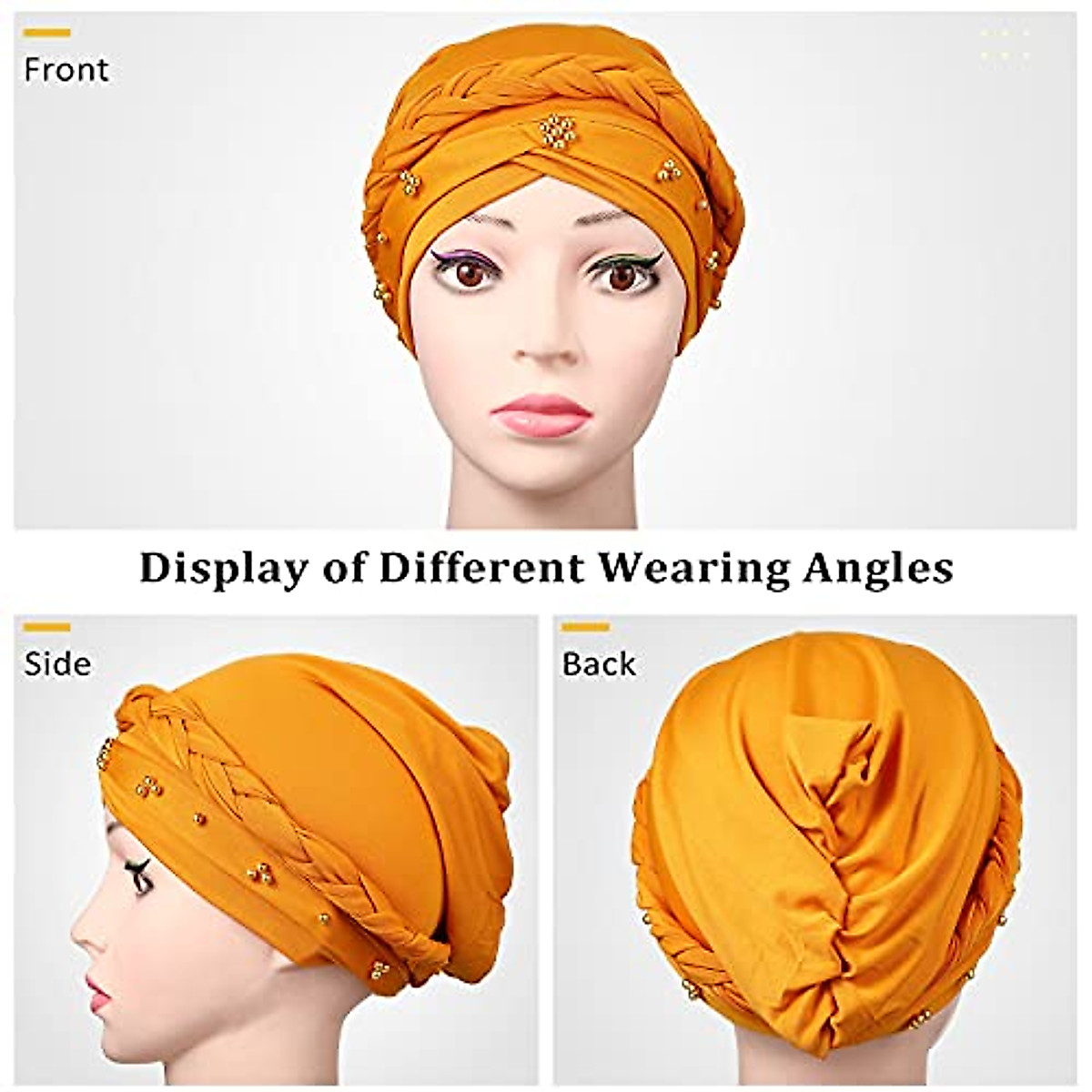 6 Pieces African Women Turban Headscarf Cap for Black Women Braided Head Wrap(Black, Grey, White, Wine Red, Yellow, Royal Blue, Bead Style)