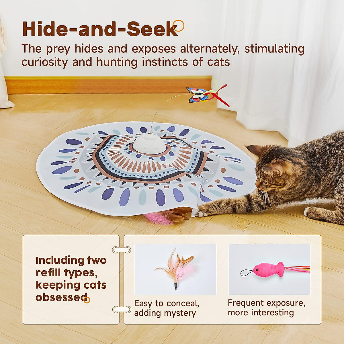 Potaroma Cat Toys Chargeable, 3in1 Hide and Seek Kitten Wand Toy, Interactive Automatic Cats Toy, Fluttering Butterfly, Moving Feather, Indoor Exercise Kicker 22.8 Inches Cover for All Breeds