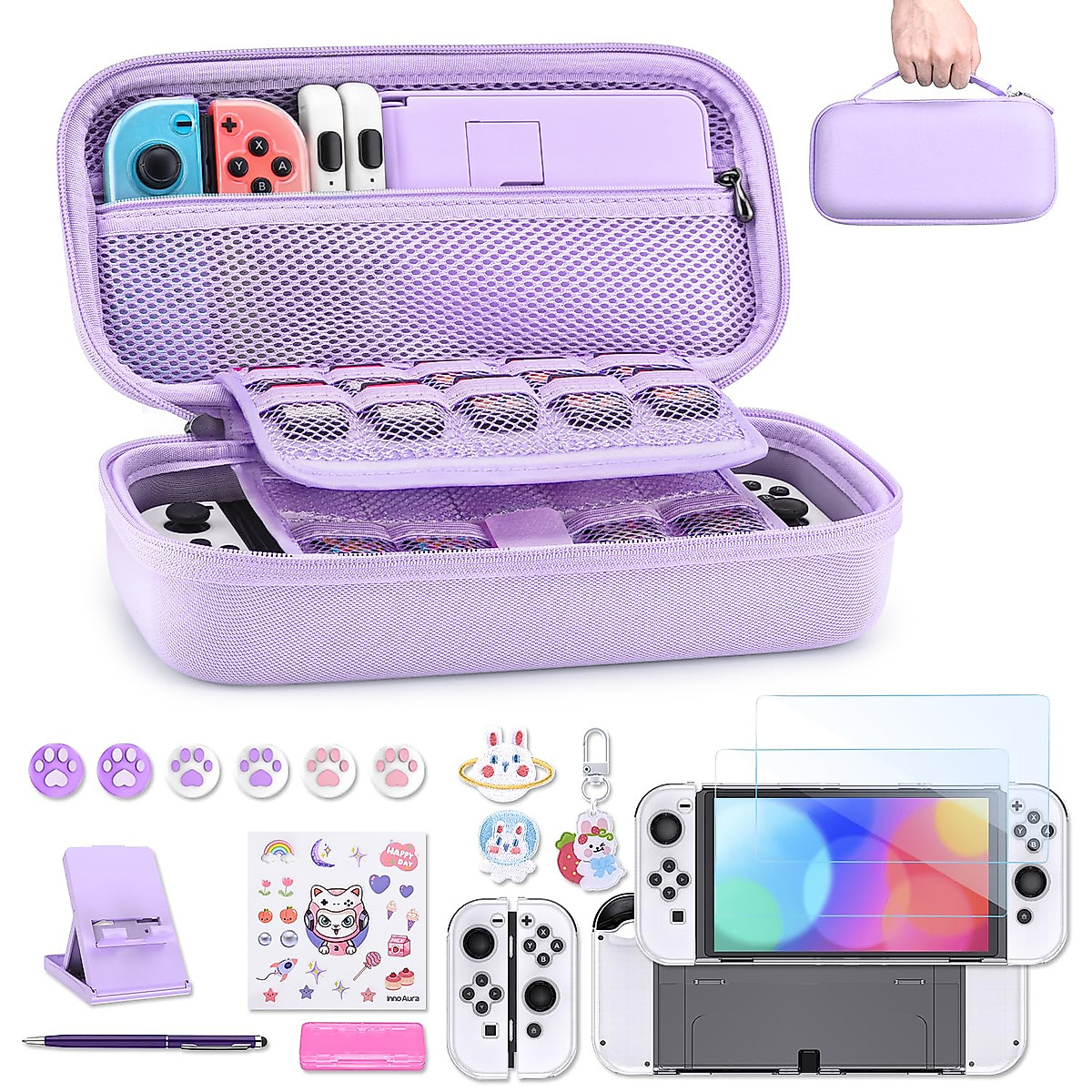 Switch OLED Case- innoAura 19 in 1 Switch Bundle with Switch Case, Switch Game Case, Switch OLED Screen Protector, Switch Stand, Switch Thumb Grips (Purple)