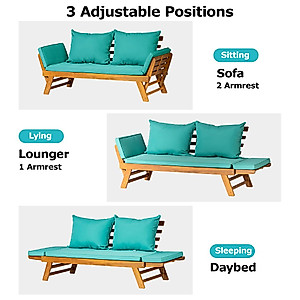 Panana Acacia Wood Convertible Couch Sofa Bed Adjustable Armrest Folding Daybed Collapsible Chaise Lounge w/Cushions Outdoor Loveseat for Garden Patio Poolside Turquoise