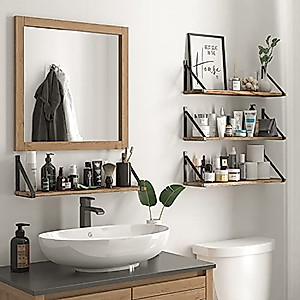 Wallniture Bora Floating Shelves, 24”x6”, Set of 4, Small Bookshelf Unit for Living Room, Office, Bedroom, Natural Burned Rustic Wood Wall Decor with Metal Shelf Bracket