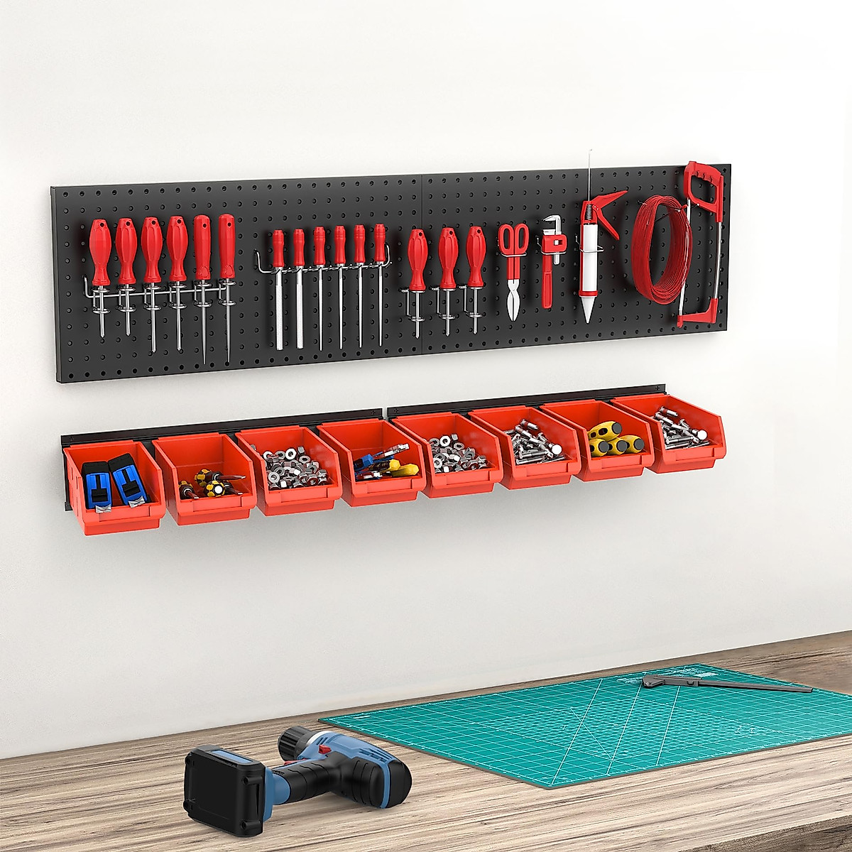 TORACK Wall-Mounted Storage Bins - 8 Plastic Bins & 2 Metal Tracks for Tools Organization in Garage, Craft Room, and Shop(Orange)