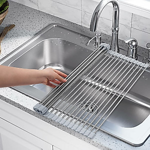 Elyum Dish Drying Rack Over The Sink Dish Drying Rack Stainless Steel Roll Up Dish Drying Rack Foldable Dish Rack for Kitchen Counter Dishes Cups Bottles Fruits Forks (17.7” x 10.2”, Gray)