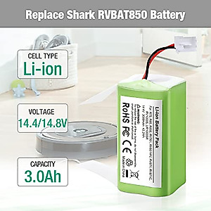 FirstPower Upgraded 3.0Ah Replace Shark RVBAT850 Battery for Shark Ion Robot R75, RV761, RV850C, RV1000S, RV1100VL, RV101AE, UR1000SR, RV700_N, RV720_N Vacuum Cleaners (NOT for 3-Prong Connector)
