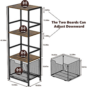 Jakyitvi 4-Tier Laundry Room Shelves with Storage Drawer, Adjustable-Shelf Storage Rack, Metal and Wood Industrial Unit Rack, Floor Standing Shelf for Narrow Space