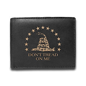 Don't Tread On Me Live Free or Die Cowhide Leather Laser Engraved Engraving Slimfold Mens Large Capacity Luxury Wallet Purse Minimalist Sleek and Slim BLACK Credit Card Holder Organizer 14 Pockets