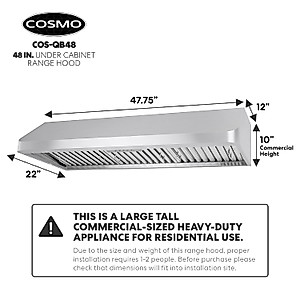 COSMO COS-QB48 Under Cabinet 48 in. Range Hood | 500 CFM, Ducted/Ductless Convertible (Kit Not Included), Push Button, Kitchen Stove Vent Light, Permanent Filter, Stainless Steel