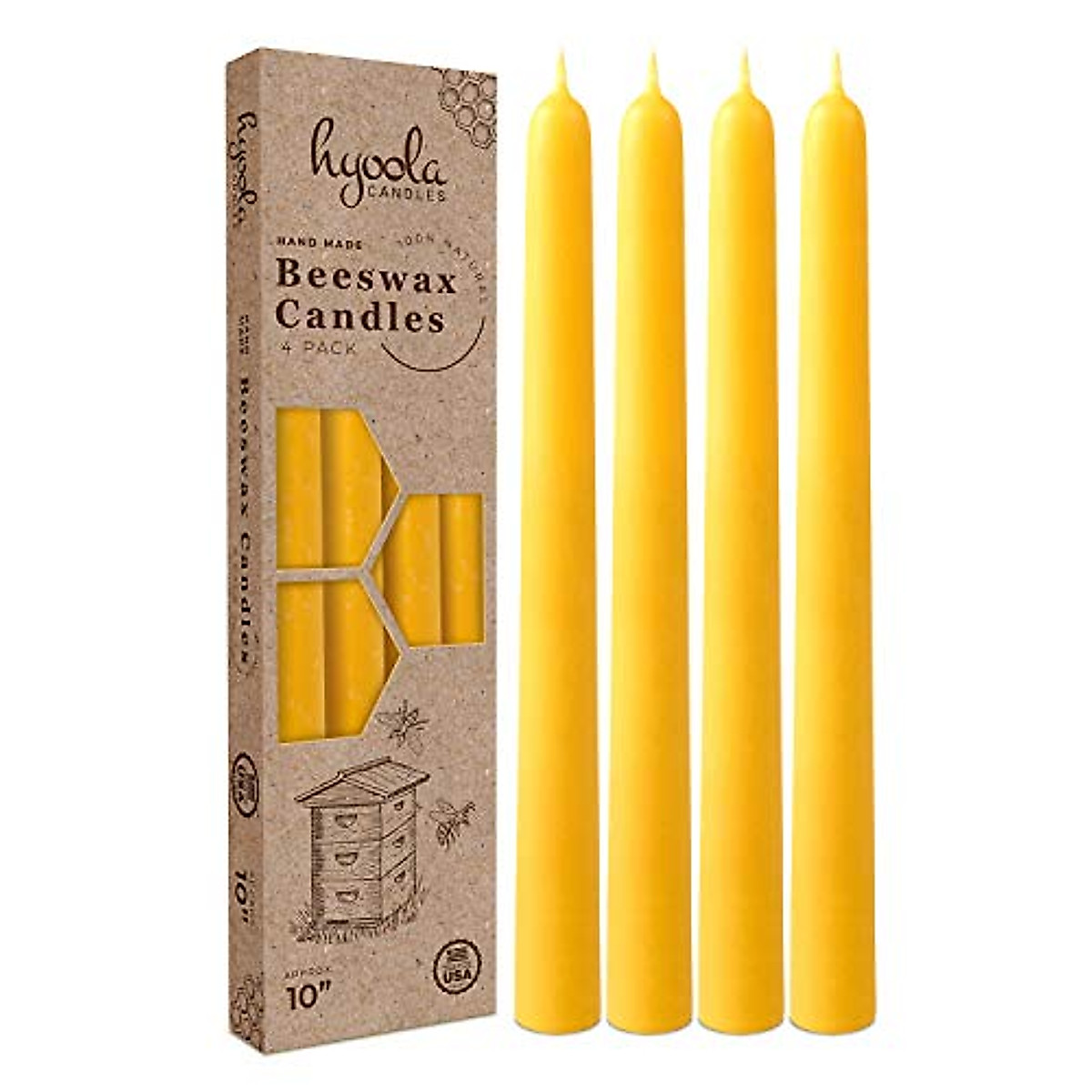 Hyoola 10" Beeswax Taper Candles - 10 Hour Burn Time - Yellow Beeswax Candles - 4 Pack
