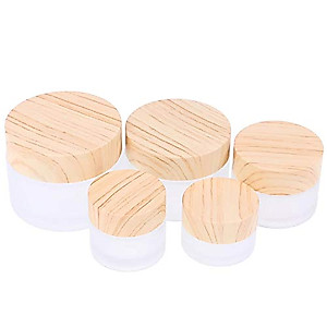 5 Pack 5g/10g/15g/30g/50g Frosted Glass Cream Jar,Empty Makeup Cosmetics Container Jar Pot With Wood Grain Lid for Face Cream Cosmetic Eye Shadow-FREE 5 Plastic Pick Stick