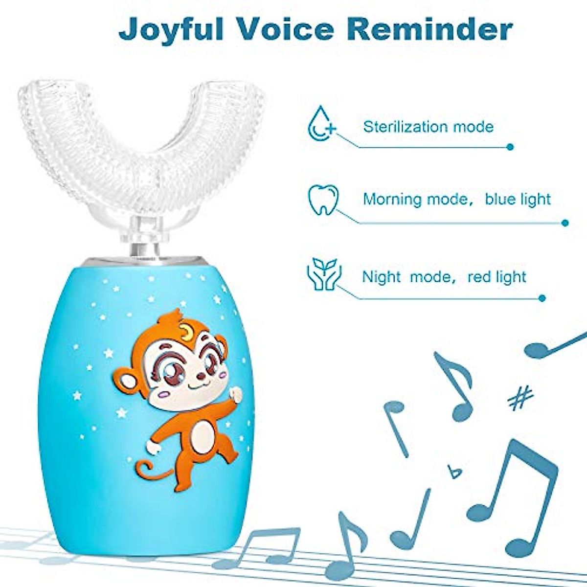 Sunartec Kids Musical U Shaped Toothbrush, Ultrasonic Electric Toothbrushes for Kids 2 Brushing Modes and 1 Gums Care 360° Sonic Toothbrushes for Child 4 Brushheads (Purple and Blue Random)