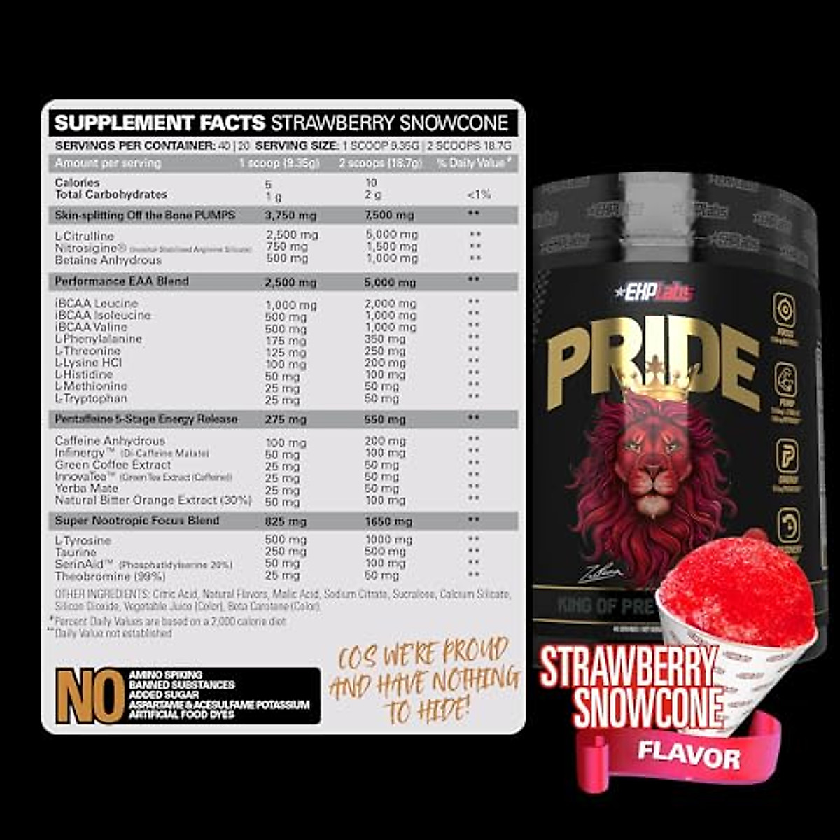 EHP Labs Pride Pre Workout Powder Energy Supplement - Sugar Free Preworkout for Men & Women, Energy Powder Boost Drink with BCAA - 280mg of Caffeine - Strawberry Snowcone (40 Servings)