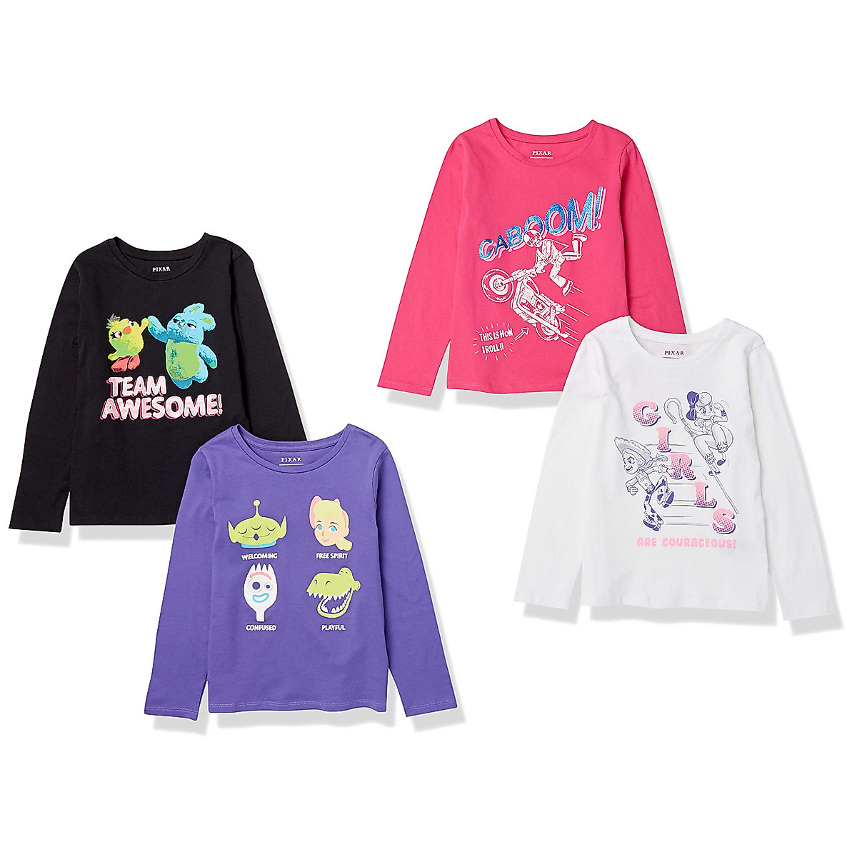 Amazon Essentials Disney | Marvel | Star Wars Girls' Long-Sleeve T-Shirts (Previously Spotted Zebra), Pack of 4, Toy Story Friends Print, Medium