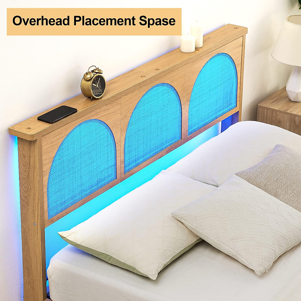 GAOMON Queen Bed Frame with Natural Rattan Headboard, Queen Size Platform Bed Frame with LED Lights and Rattan Headboard, Wooden Support Legs, No Box Spring Needed, Easy Assembly