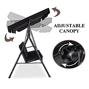 3-Seats Outdoor Patio Swing Chairs with Adjustable Tilt Canopy & Durable Steel Frame, Porch Swing Outdoor Swings for Adults, Removable Cushion, Best for Garden, Yard & Balcony (Black)
