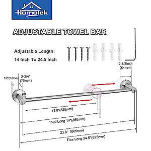 HOMOTEK Towel Bar Adjustable Bathroom Towel Holder, Towel Rod Size from 14 Inch to 24.5 Inch Single Towel Racks, Wall Mount Towel Rail, Towel Hanger Towel Hook for Bathroom, Kitchen(Brushed Nickel)