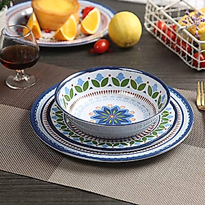 Melamine Dinnerware Set-12 Piece Melamine Plates and Bowls Sets,Service for 4,Outdoor and Indoor Use,Unbreakable, Dishwasher Safe,Rustic Blue