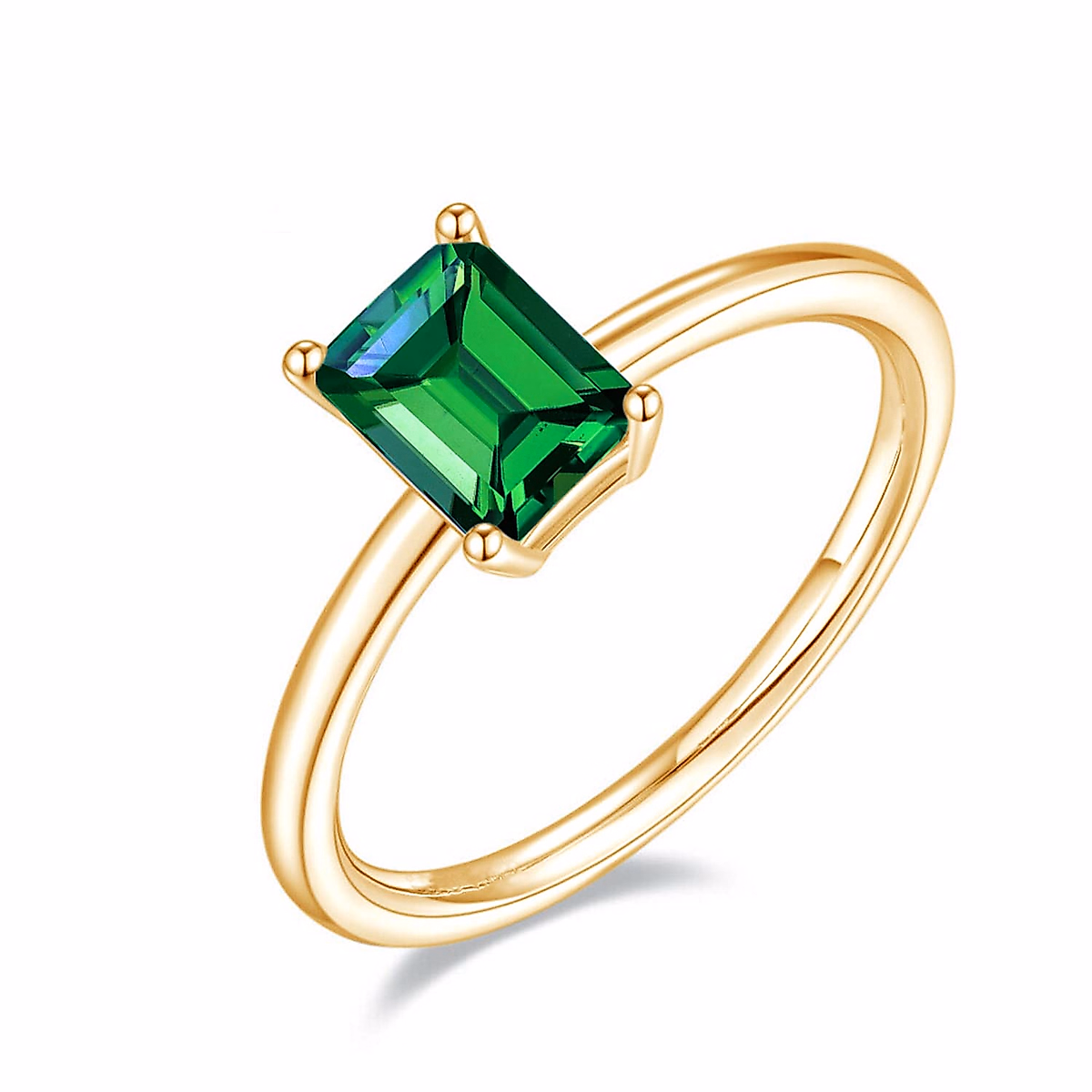 AFFY 6x8MM Emerald Cut Simulated Green Emerald Solitaire Ring in 14K Yellow Gold Over Sterling Silver (2.50 Carat) Ring Size-7
