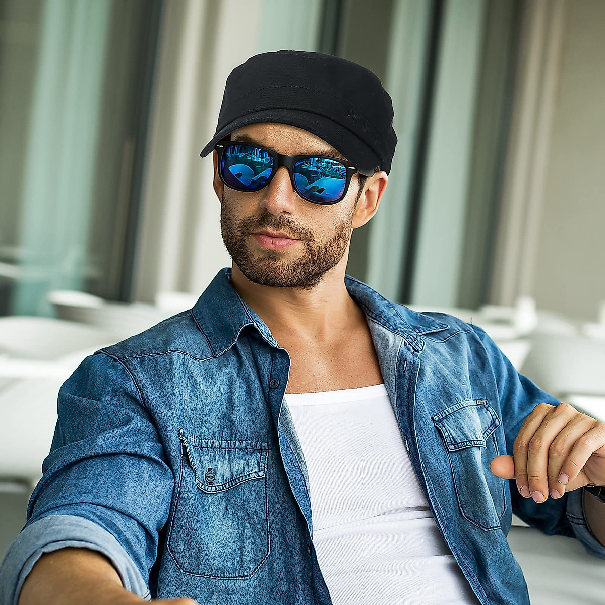 3 Pack Men's Cotton Military Caps Cadet Army Caps Five Pointed Star Military Hats for Men Solid Patrol Cap Flat Top Hats (Black, Army Green, Navy Blue)