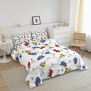 Feelyou Construction Bedding Set Kids Cartoon Truck Comforter for Boys Girls 3 Pcs Tractor Car Bedding with 2 Pillowcases Queen