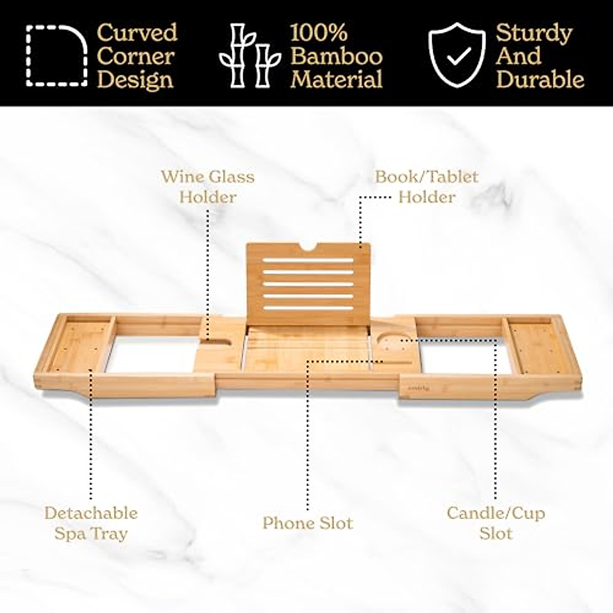 SMIRLY Expandable Bamboo Bathtub Tray, Bath Tray for Tub, Bathtub Accessories, Bath Tub Tray Wood, Bath Accessories, Bath Caddy, Bathtub Caddy Tray for Tub, Bath Table Tray