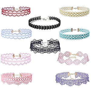 iuviwey Colorful Lace Choker Collar Set of 10 - Vintage-Inspired Adjustable Necklaces - Diverse Patterns for Every Occasion