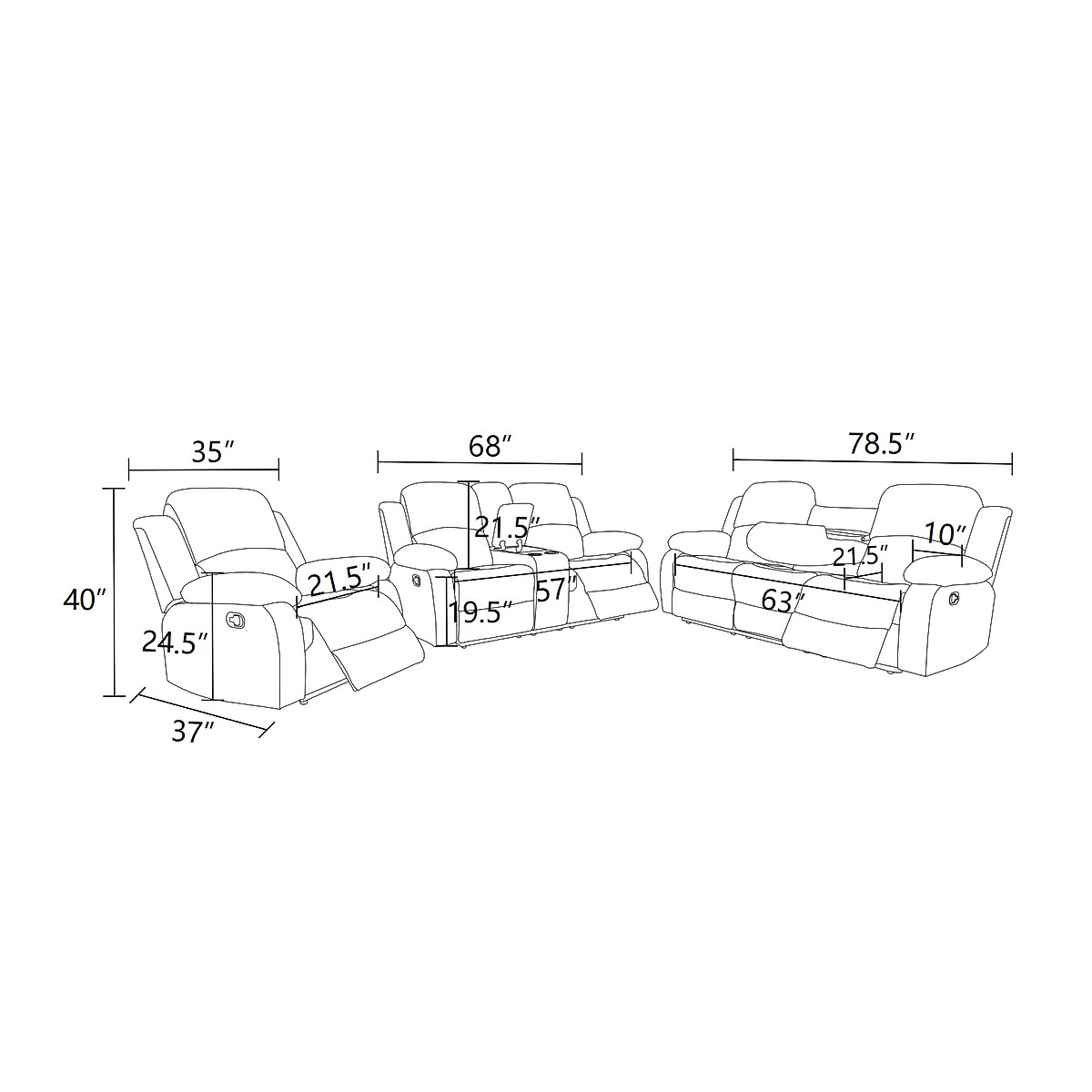 We Own Linen Recliner Sofa Set 3 PCS Motion Sofa Loveseat Recliner Sofa Recliner Couch Manual Reclining Chair for Living Room (3 Piece Set) (Grey)