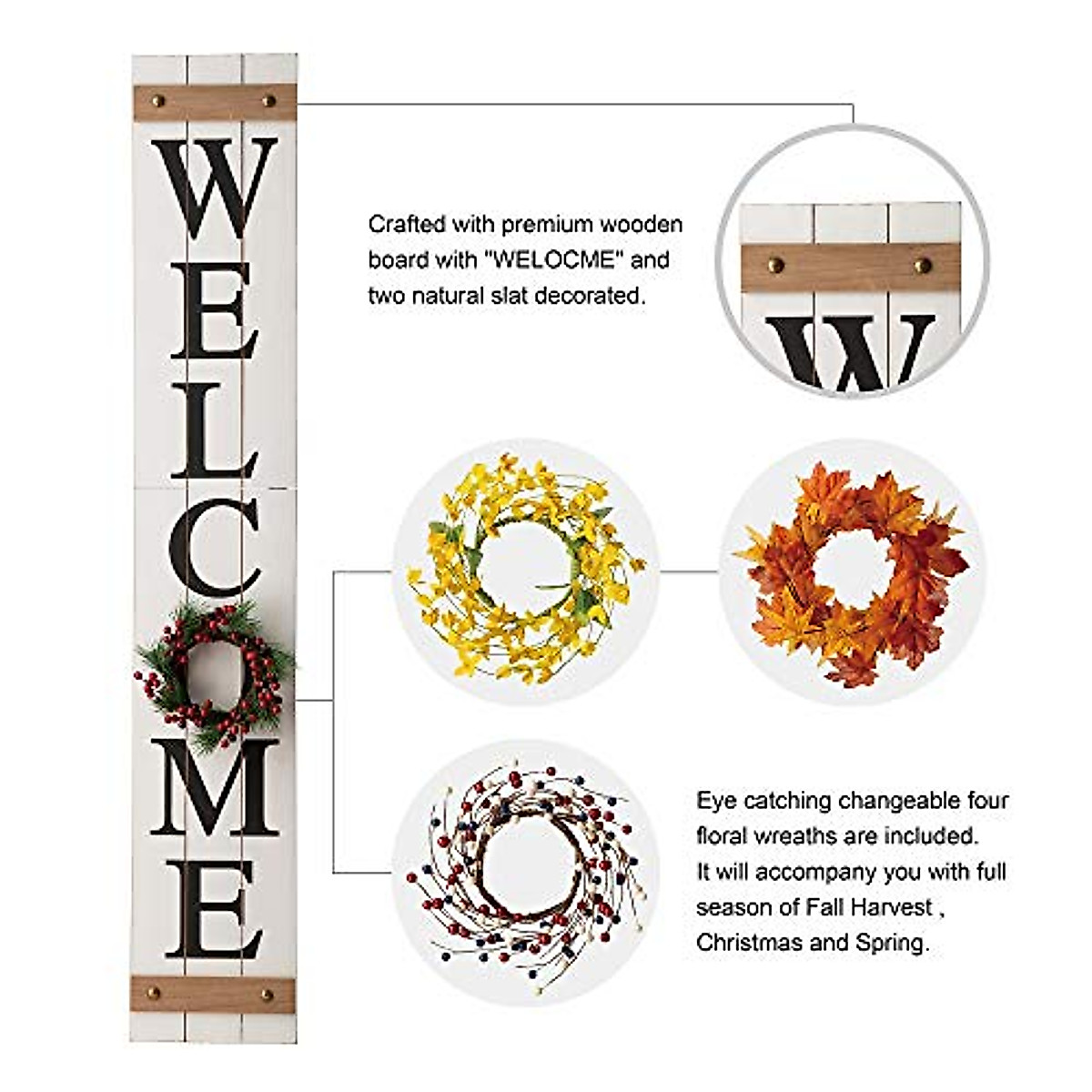 Glitzhome Welcome Sign for Front Door Porch Rustic Farmhouse Wooden Hanging Wall Decor with Interchangeable Floral Wreath, 60" H, White