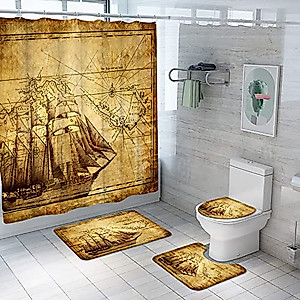 LyerArtork 4Pcs Nautical Map Shower Curtain Sets with Non-Slip Rug Toilet Lid Cover and Bath Mat Vintage Ocean Map Bathroom Curtain Retro Brown Bath Accessories with 12 pcs Hooks