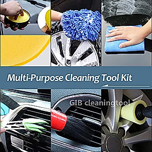 GIB cleaningtool Auto Car Detailing Kit Interior Exterior - 5 Detail Brush, 3 Wire Brush, 3 Drill Brush, 2 Car Wash Sponge,1 Cone Sponge,1 Microfiber Mitt, 1 Automotive Air Vent Brush and Cloth