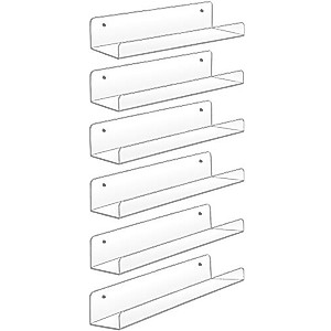 Sooyee Acrylic Shelves,6 Pack 15 Inch Floating Wall Mounted Shelves, Funko Pop Display Case,Invisible Kids Book Shelf,Picture Ledge Shelf Decor Accents,5MM Thick Bathroom Shelves,4.77" Wide,Clear