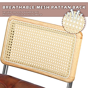 LEMBERI Mid-Century Modern Dining Chairs Set of 2, Upholstered Tufted Faux Leather Accent Chairs Rattan Dining Chair Armless Mesh Back with Metal Chrome Legs, Brown