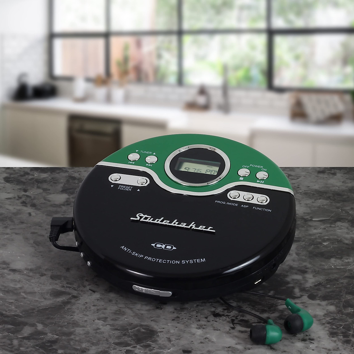 Studebaker Green Retro Portable CD Player | CD-R/RW MP3 Playback | Programmable Personal CD Player | Anti-Skip | FM Radio | Mega Bass Boost | Sport Earbuds (Vintage Green)