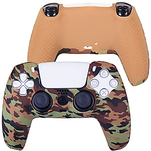9CDeer 1 Piece of Silicone Transfer Print Protective Cover Skin + 10 Thumb Grips for PlayStation 5 / PS5 Controller Brown Camouflage