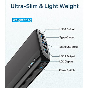 Portable Charger, 12000mAh Dual USB Power Bank with LED Display, Fast Charging Slim External Battery Pack Compatible with iPhone, Samsung Galaxy, Pixel, iPad and More - Black