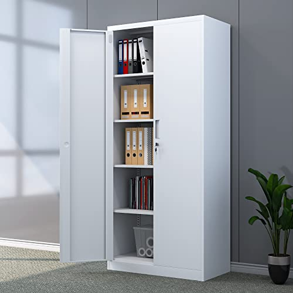 iJINGUR Metal Storage Cabinet with Locking Doors and Shelves for Garage Home Office, Lockable Tall Steel Storage Cabinets with Lock, Tool Holder and File Organizer Pocket Included (White)