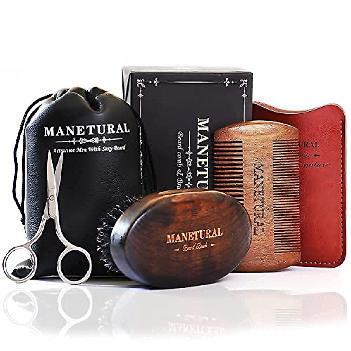 MANETURAL Beard Comb & Beard Brush Set for Men Dual Action Natural Wooden Beard Comb and Natural Boar Bristle Brush Great for Grooming Beard & Mustaches Scissors Gifts for Men Him