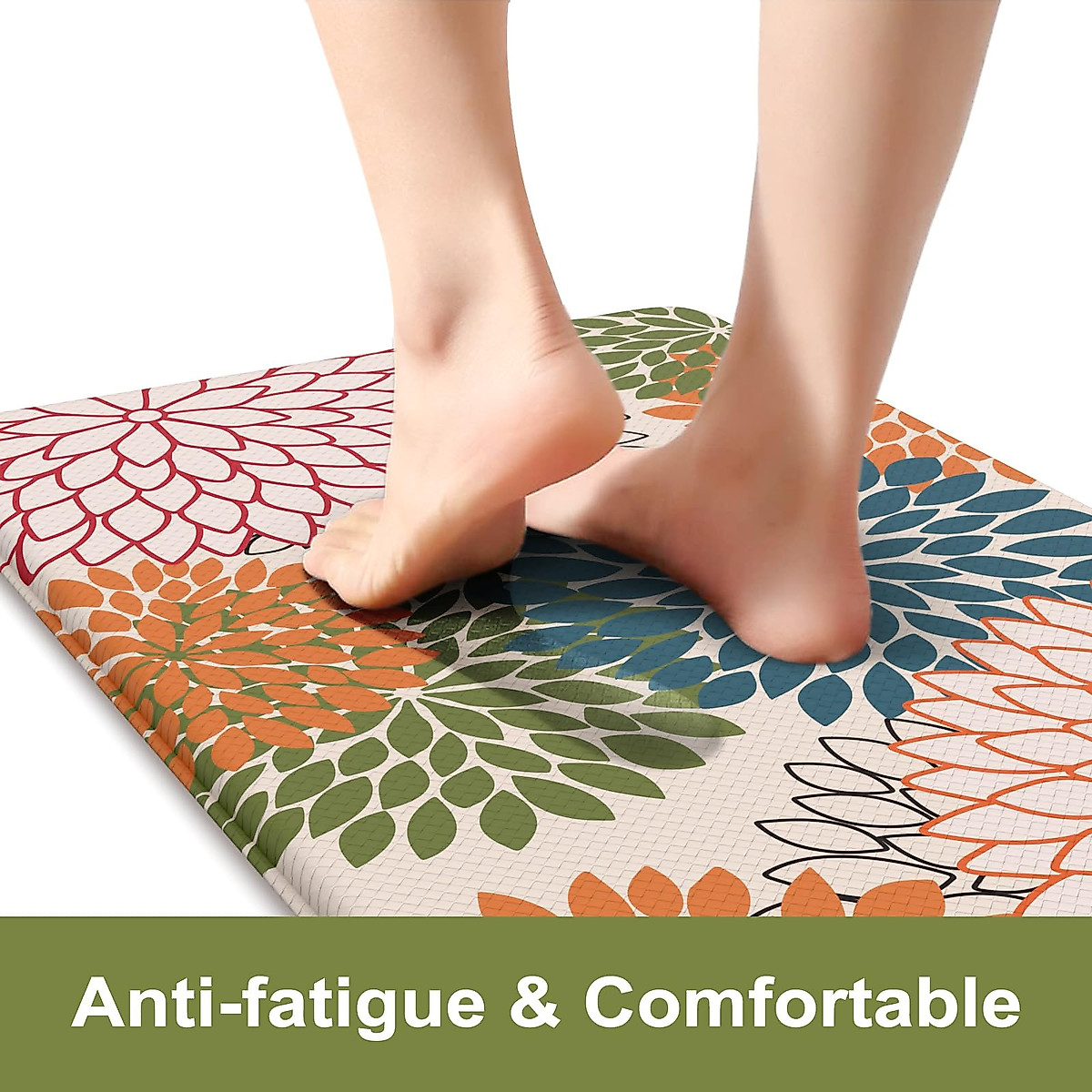 Kitchen Rugs and Mats Cushioned Anti Fatigue Kitchen Mat 2PCS Non-Skid Waterproof Kitchen Runner Rug Comfort Foam Standing Mat for Floors,Office,Laundry,Sink,Floral