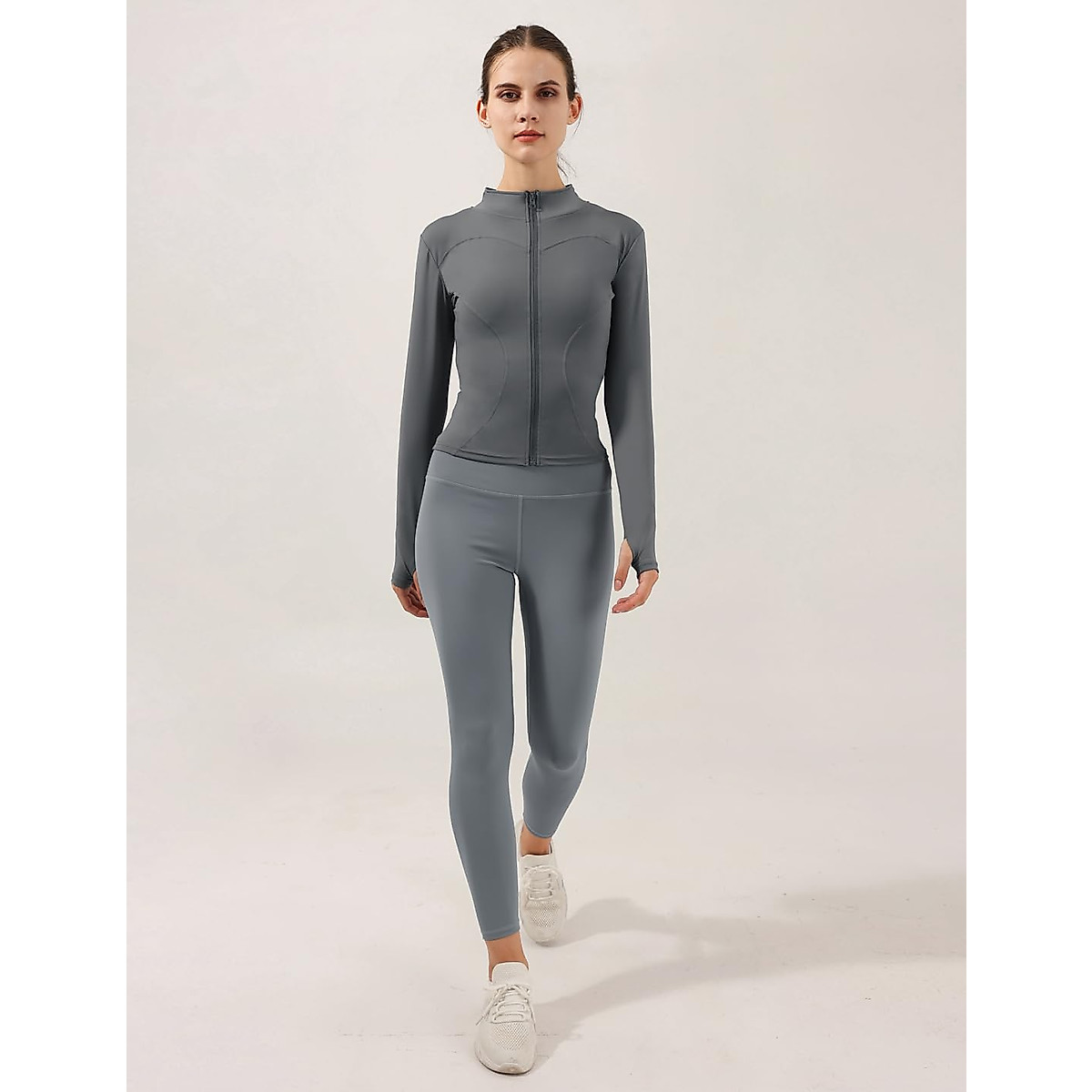 Locachy Women's Lightweight Stretchy Workout Full Zip Running Track Jacket with Thumb Holes Grey L