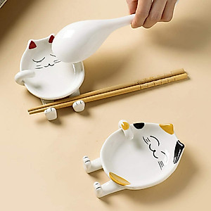 Luxshiny Spoon Rest Cat Spoon Rests ceramic utensil rest Pot Cover Holder spoon and chopstick stand for Stove Kitchen Japanese Decor
