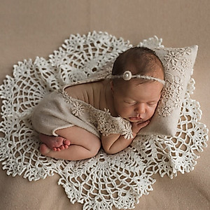 Baby Photography Blanket Pillow Set Newborn Photo Props Set Hollow Lace Round Blanket Pillow(White)