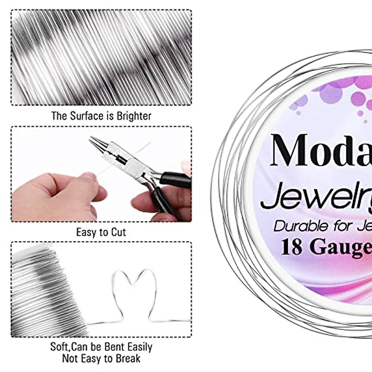 18 Gauge Silver Jewelry Wire with 4 in 1 Plier modacraft 65FT Craft Wire 1 MM Tarnish Resistant Copper Wire ​Beading Wire for Jewelry Making Supplies and Crafting