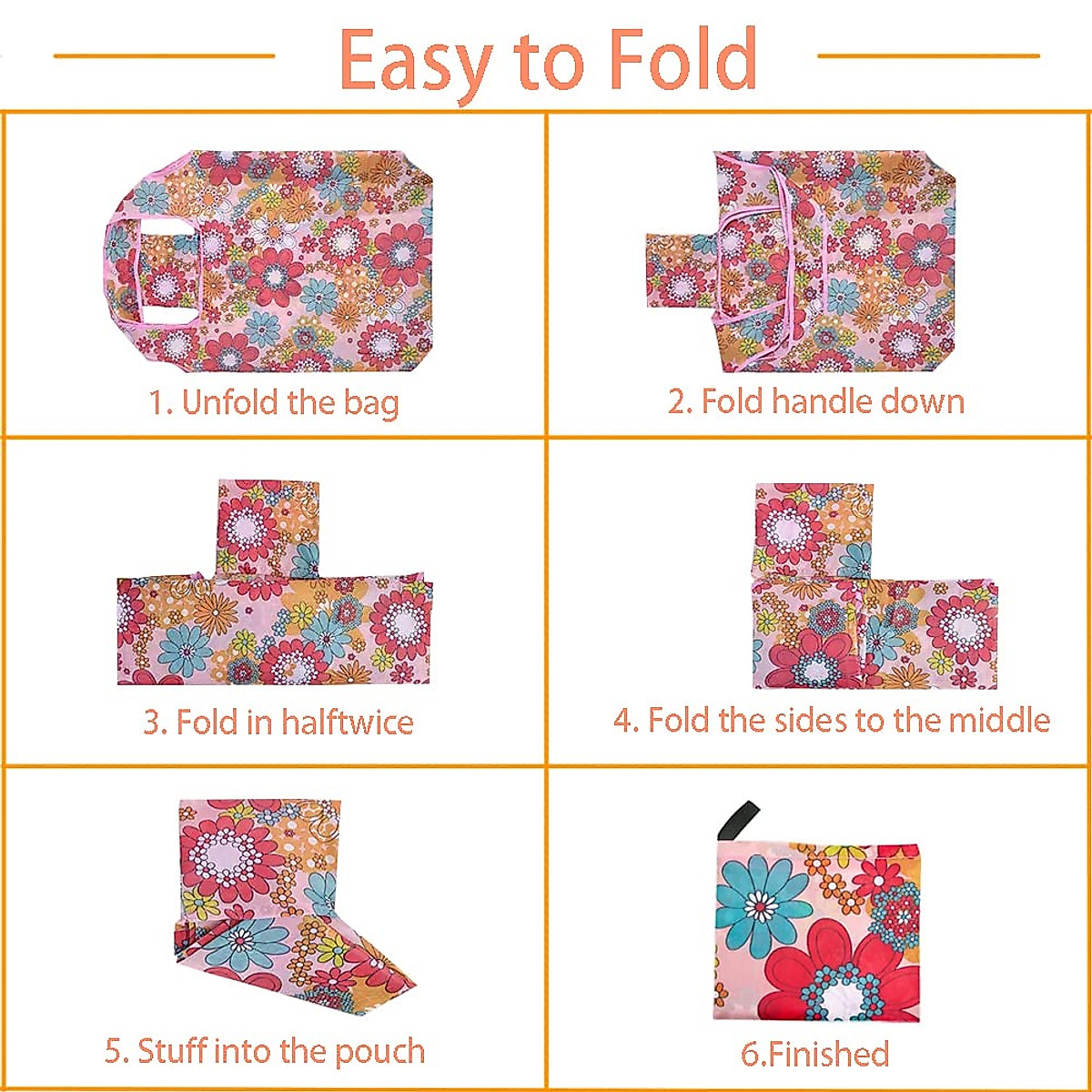 FulSurgus 6 Pack Reusable Foldable Grocery Shopping Bags, Machine Washable Groceries Bags Sturdy Lightweight Nylon Bags