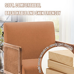 SHINEBOOM Accent Chair with Rattan Arms, Upholstered Mid Century Modern Chair for Bedroom Living Room Reading Chairs Rattan Armchair, Linen Comfy Lounge Chairs Side Chair, Orange