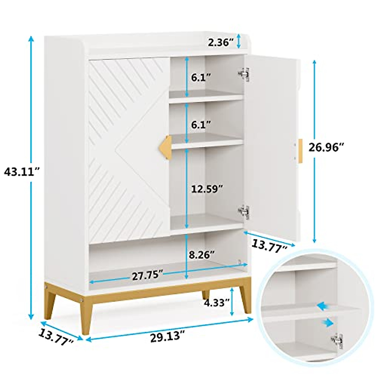 Tribesigns Shoe Cabinet with Doors, 25 Pair Shoe Storage Cabinet with Adjustable Shelves, 6-Tier Modern Wooden Shoe Rack Organizer Cabinet for Entryway, Hallway, Closet, Living Room, White and Gold