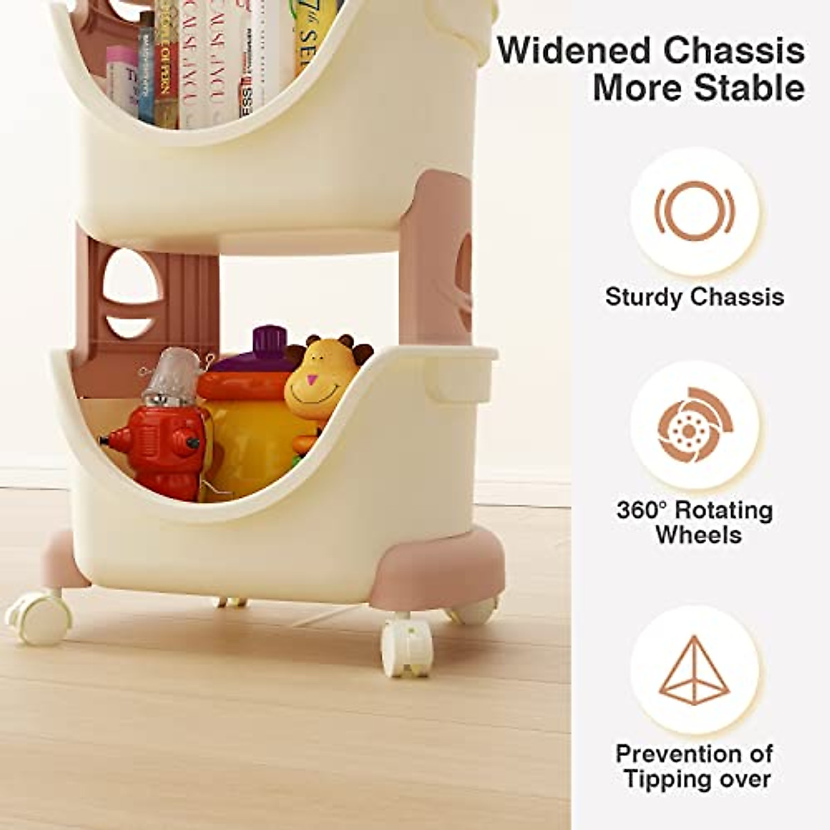 BanaSuper Kids Storage Cart with Wheels Spaceman Shape 3-Tier Rolling Bins for Toddler Dustproof Cover Children Toy Storage Organizer for Kids in Playroom Bedroom Nursery (Pink)